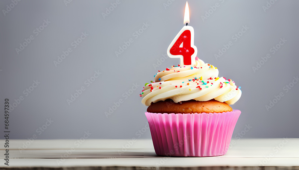 Birthday cupcake with lit birthday candle Number four for four years or ...