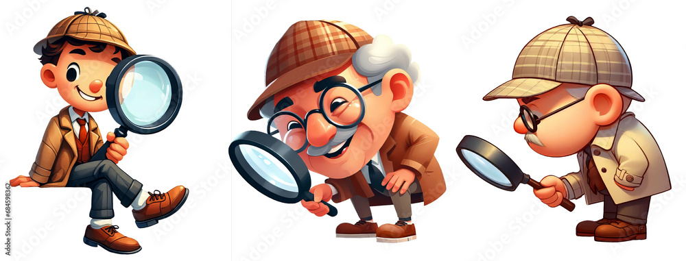 A set of 3 cartoon detectives searching for clues on a transparent ...