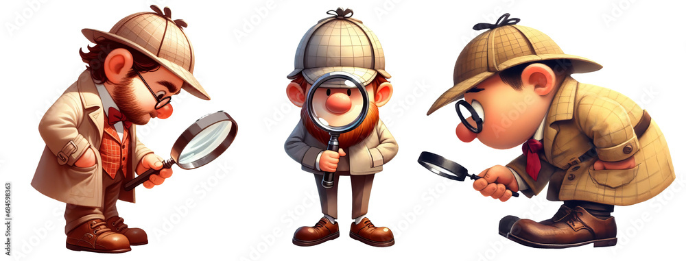 A set of 3 cartoon detectives searching for clues on a transparent ...