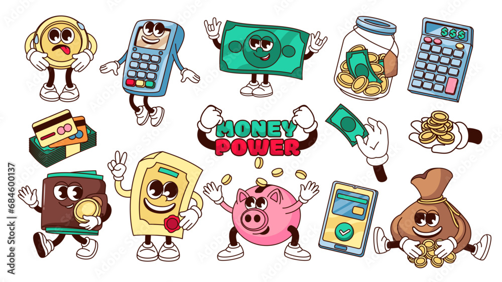 Groovy money set vector illustration. Cartoon isolated retro stickers ...