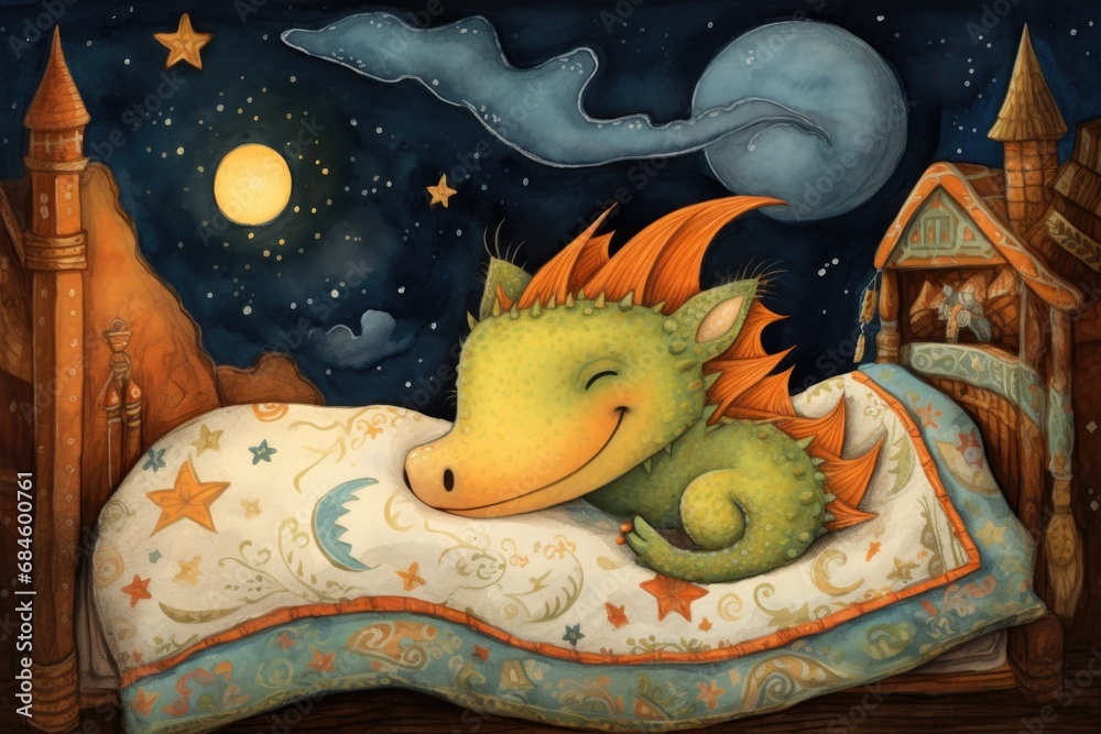 Children's Storybook Illustration of a Dragon Sleeping and Dreaming at ...