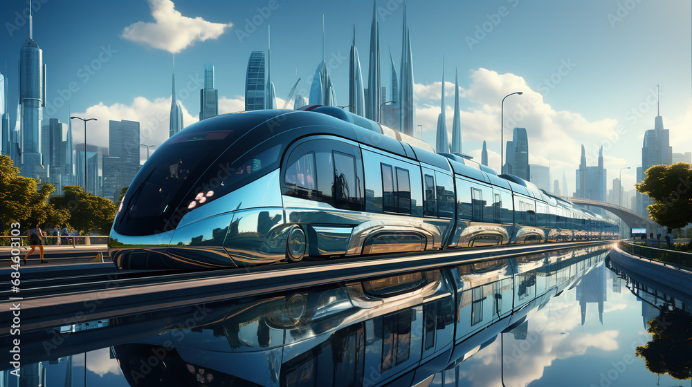 Future Autonomous Train. Futuristic public transportation. Urban mobility. Sustainable City ...