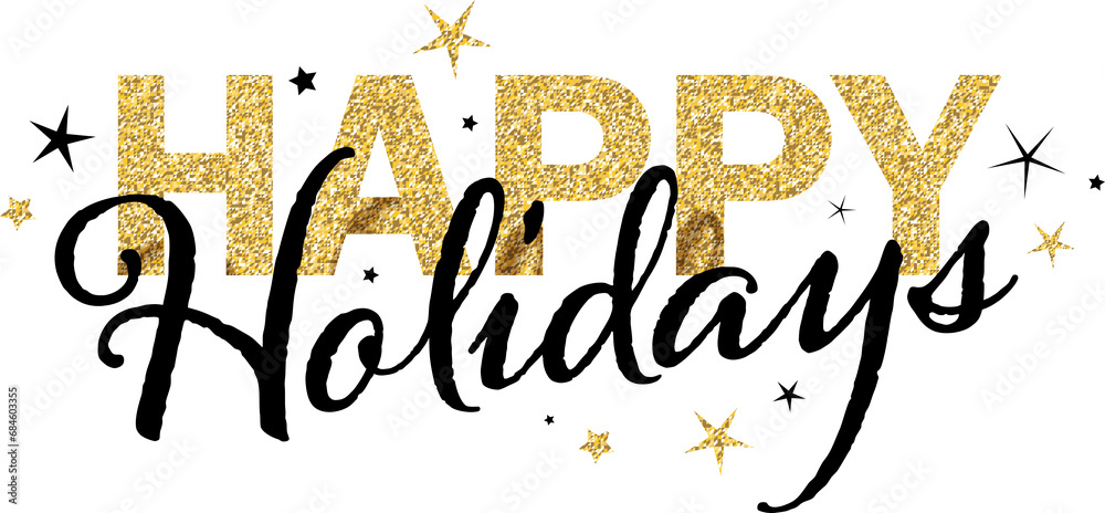 HAPPY HOLIDAYS vector gold glitter typography banner with gold and ...