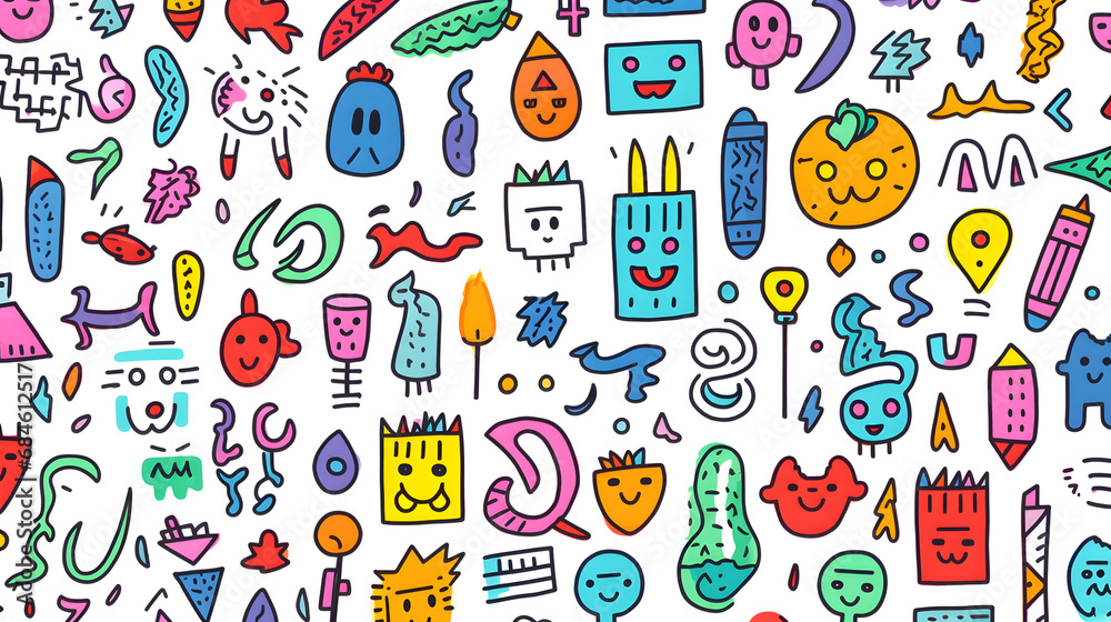 Colorful Children Marker Doodle Seamless Pattern Set. Collection of ...