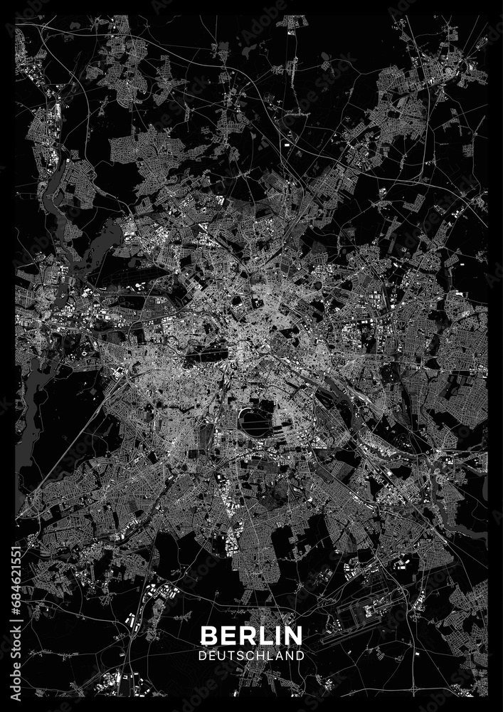 Berlin map. Detailed dark map poster of Berlin (Germany). Scheme of the ...