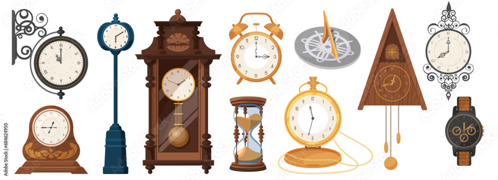 Vintage clocks set vector illustration. Cartoon isolated antique ...