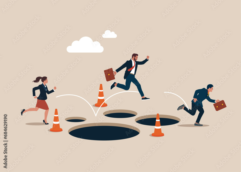 Business team jump pass many pitfalls to achieve business success. Flat ...