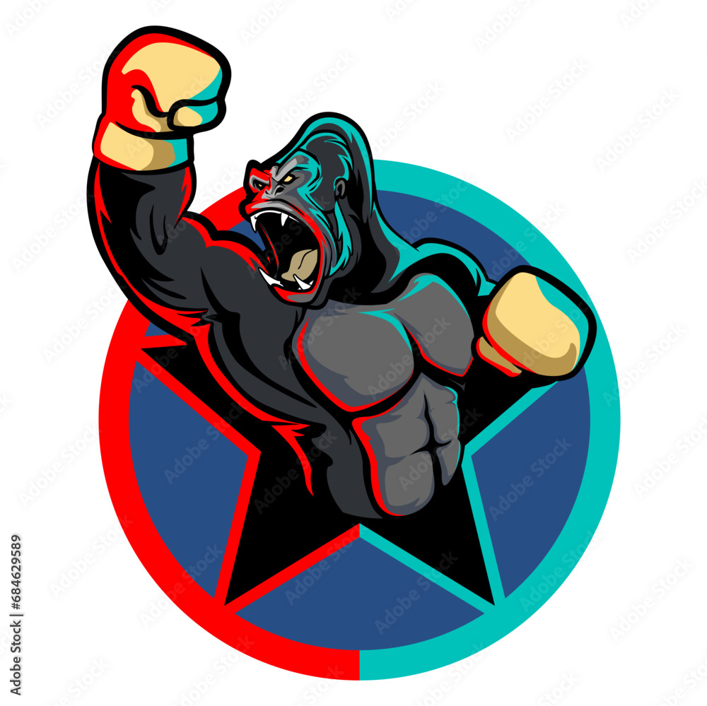 logo illustration of a gorilla wearing a strong boxing glove punching out fiercely from the star ...