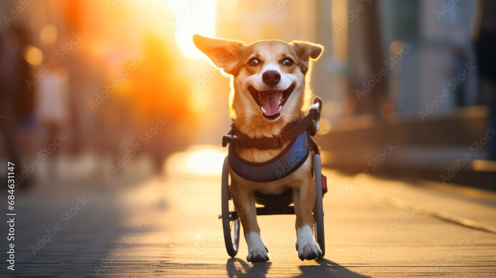 Cute dog with disabilities in wheelchair having fun during a walk in ...
