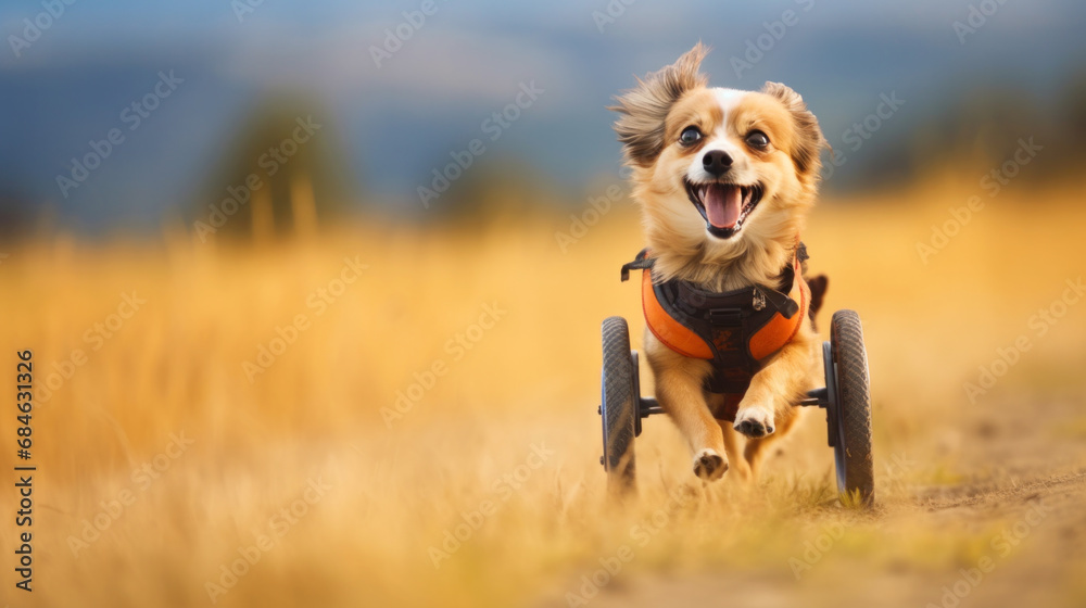 Cute dog with disabilities in wheelchair having fun during a walk in ...