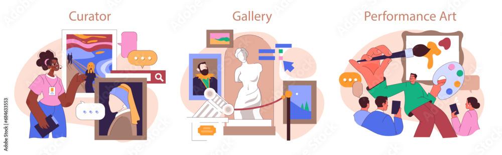 Museum or art gallery exhibition set. Visitors exploring diverse ...