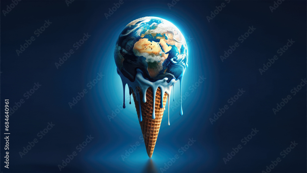 Melting earth on ice cream cone against dark background, climate change ...