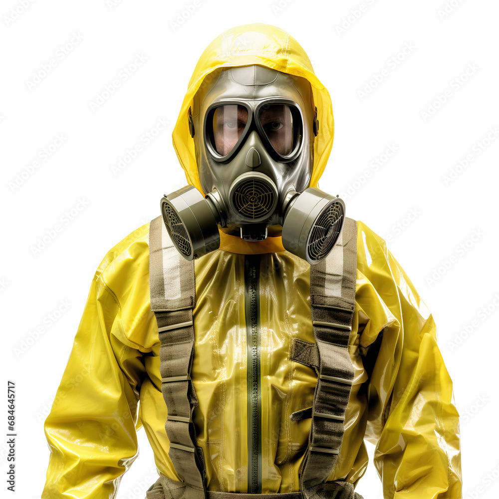 Men in protective clothing against germs and poison gas on transparent ...