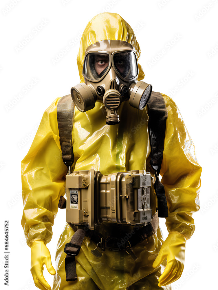 Men in protective clothing against germs and poison gas on transparent ...