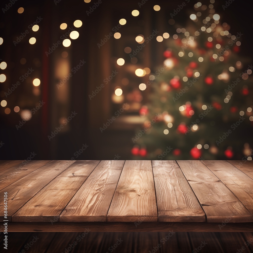 Empty table in front of christmas tree. Product display montage mockup ...