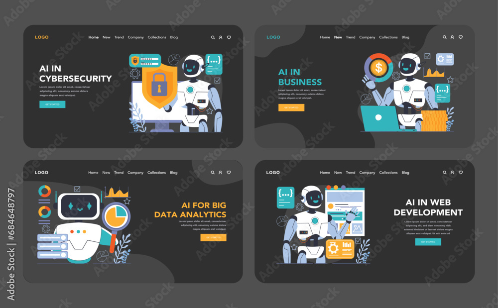 Ai integration dark or night mode web or landing set. Artificial ... Ai integration dark or night mode web or landing set. Artificial ...