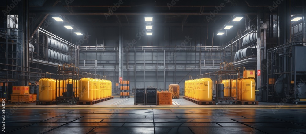 Chemical factory warehouse with storage area pallet racks and chemical ...