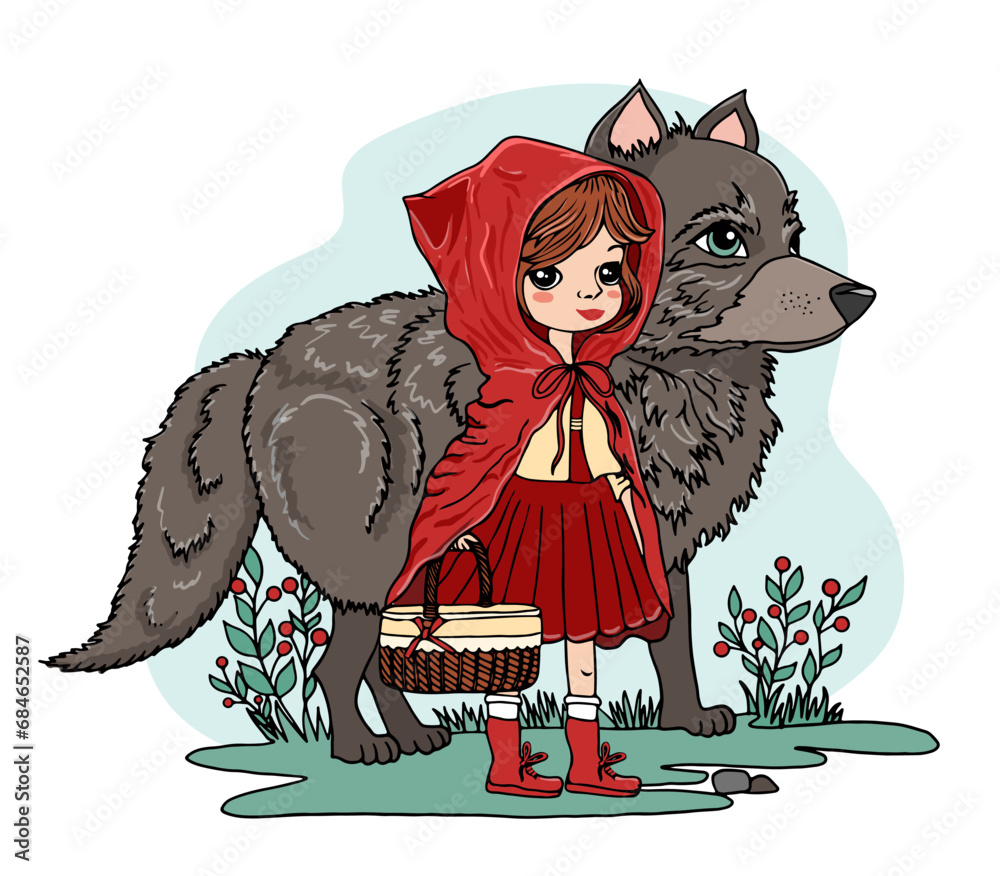Cute Little Red Riding Hood with wolf. Cartoon vector illustration ...