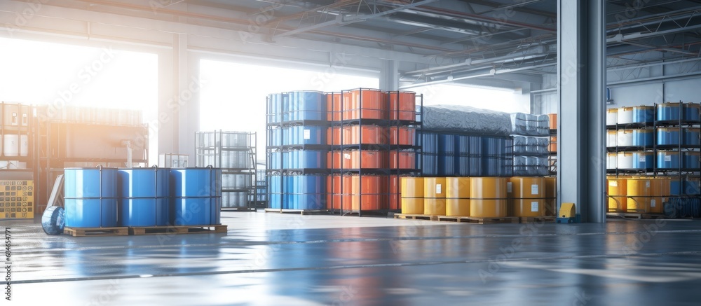 Chemical factory warehouse with storage area pallet racks and chemical ...