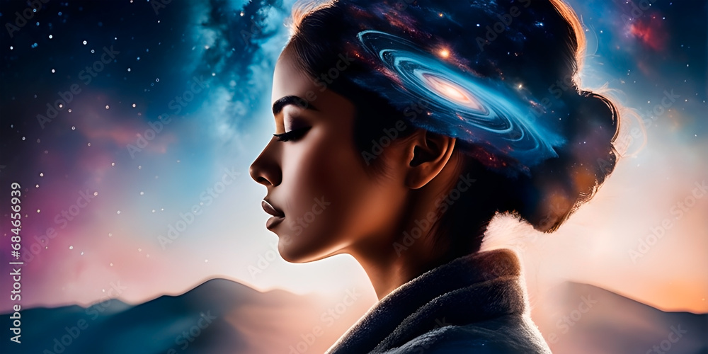 woman and galaxy in double exposure effect under a night sky with stars ...