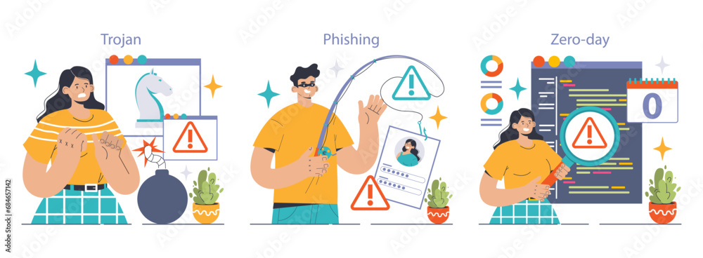 Cybersecurity set. Protecting data from threats. Users confronting ...