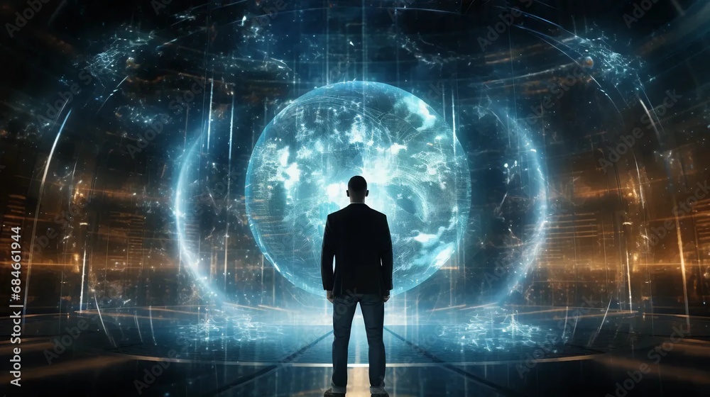 Man in the face of new technology, silhouette of a man learning about ...