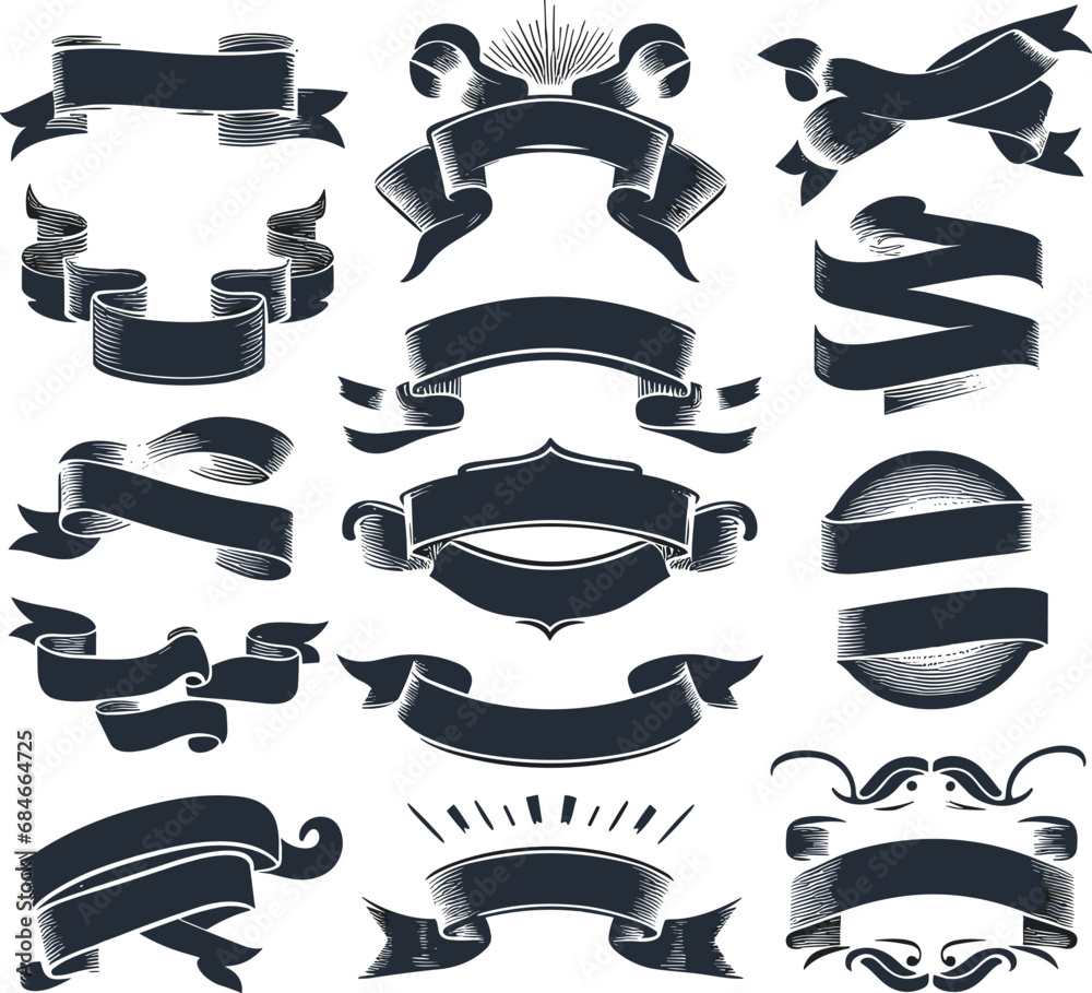 Graphic set of simple rectangle ribbons Vector black shape Image white ...