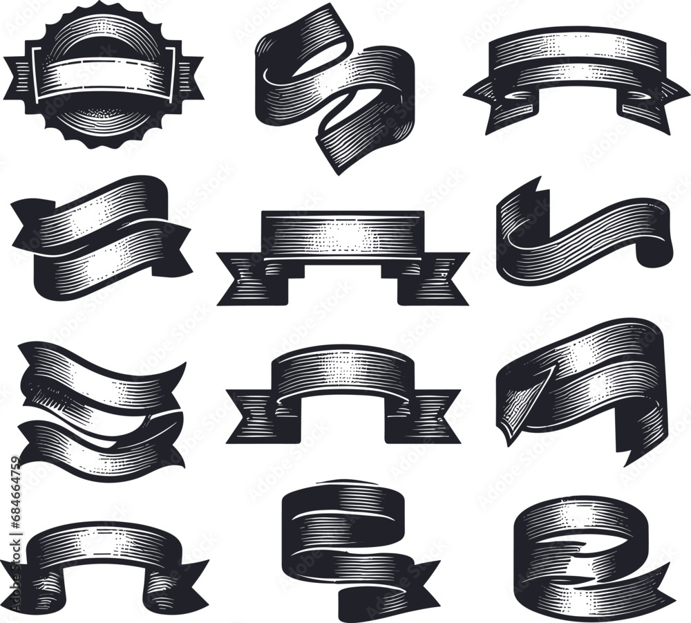 Graphic set of simple rectangle ribbons Vector black shape Image white ...