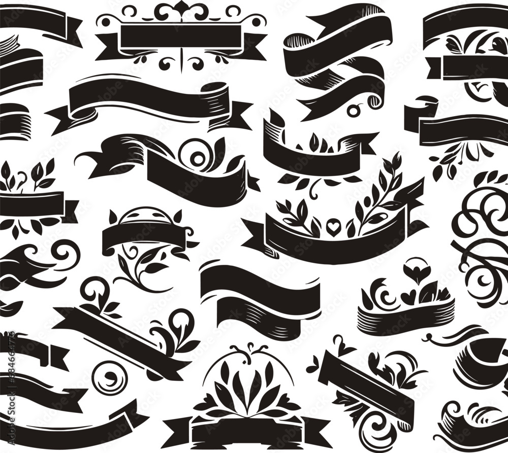 Graphic set of simple rectangle ribbons Vector black shape Image white ...