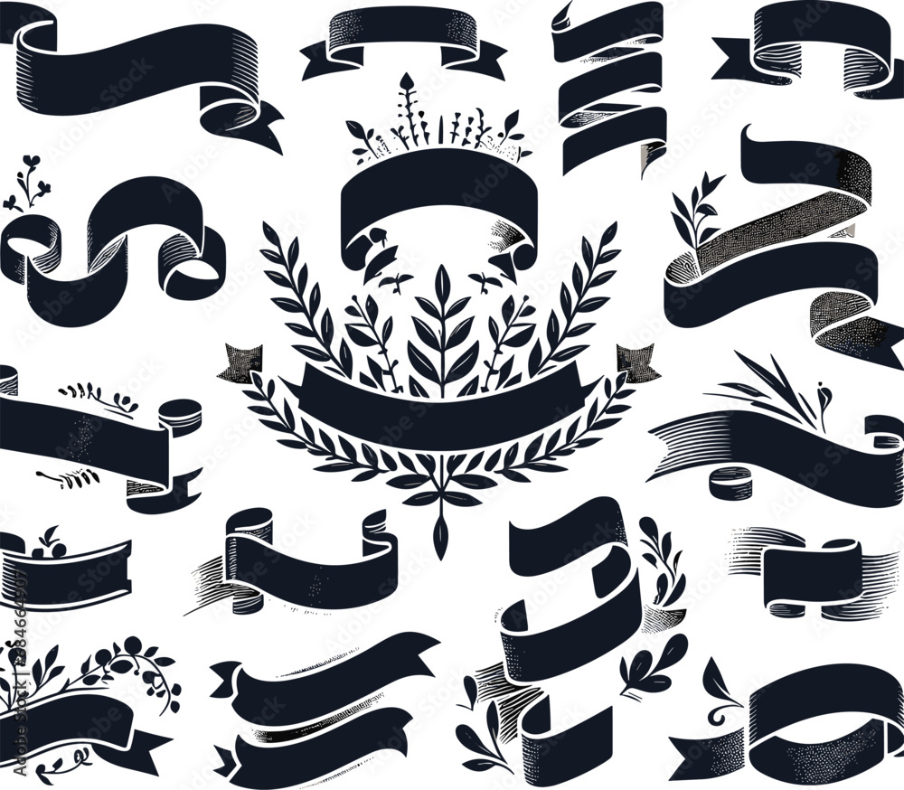 Graphic set of simple rectangle ribbons Vector black shape Image white ...