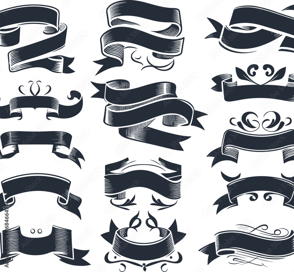 Graphic set of simple rectangle ribbons Vector black shape Image white ...