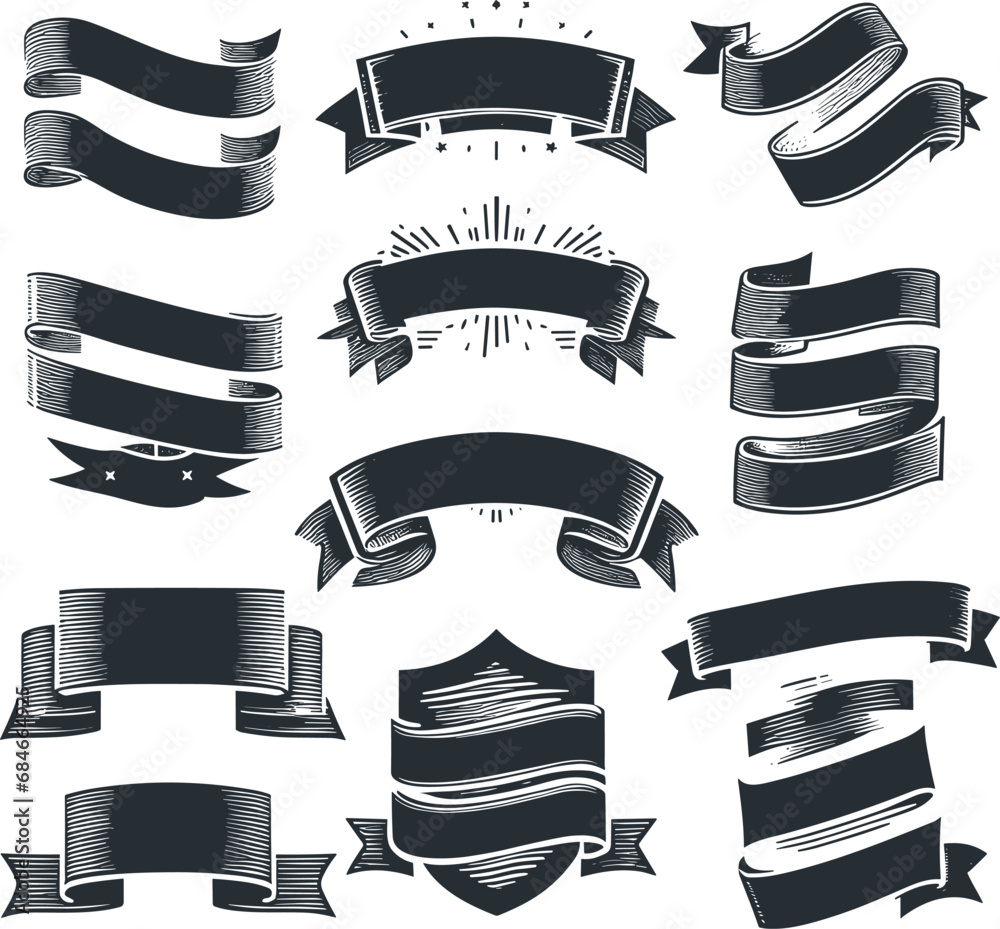 Graphic set of simple rectangle ribbons Vector black shape Image white ...