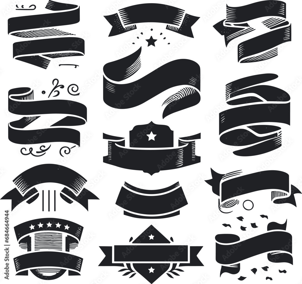 Graphic set of simple rectangle ribbons Vector black shape Image white ...