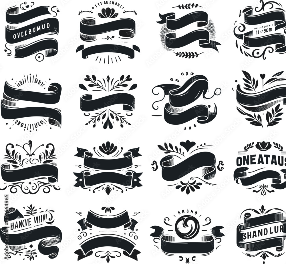 Graphic set of simple rectangle ribbons Vector black shape Image white ...