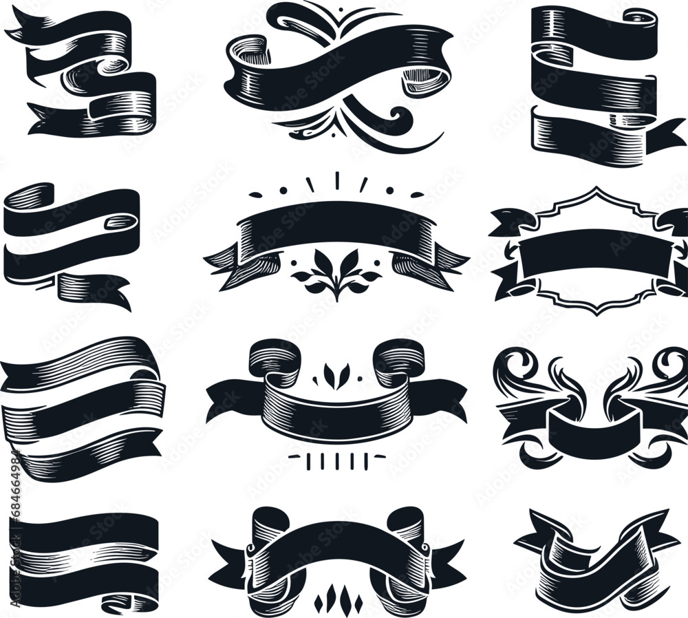 Graphic set of simple rectangle ribbons Vector black shape Image white ...