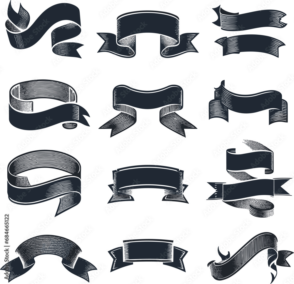 Graphic set of simple rectangle ribbons Vector black shape Image white ...