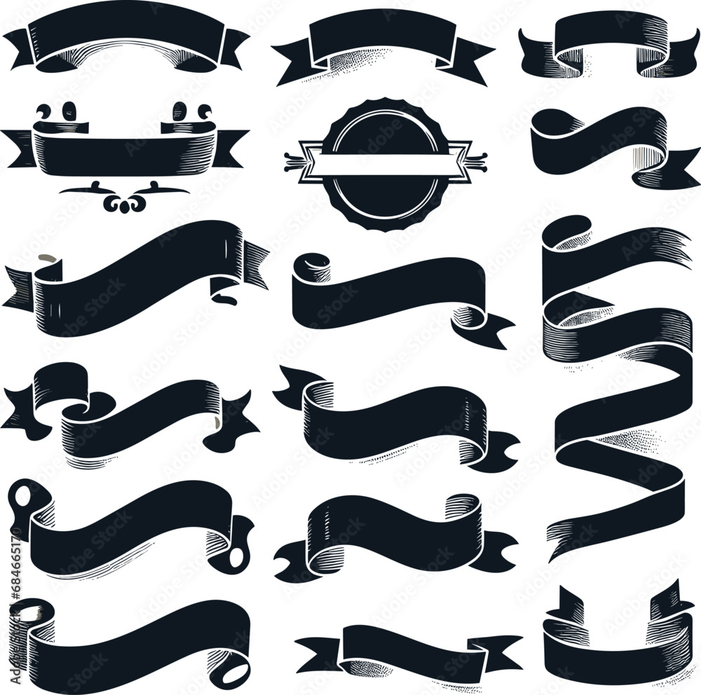 Graphic set of simple rectangle ribbons Vector black shape Image white ...