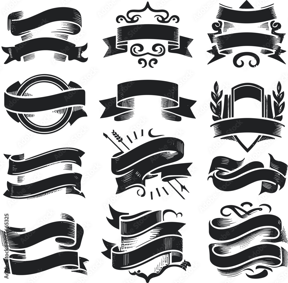 Graphic set of simple rectangle ribbons Vector black shape Image white ...