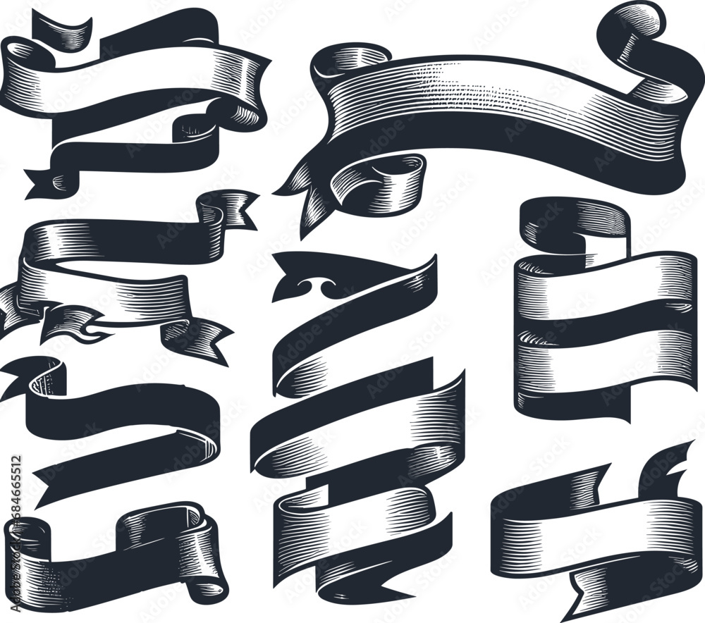 Graphic set of simple rectangle ribbons Vector black shape Image white ...