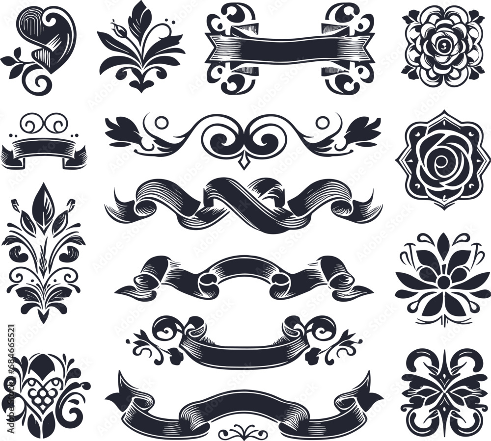 Graphic set of simple rectangle ribbons Vector black shape Image white ...