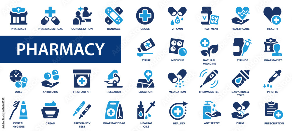 Pharmacy flat icons set. Medicine, treatment, take medication, tablet ...