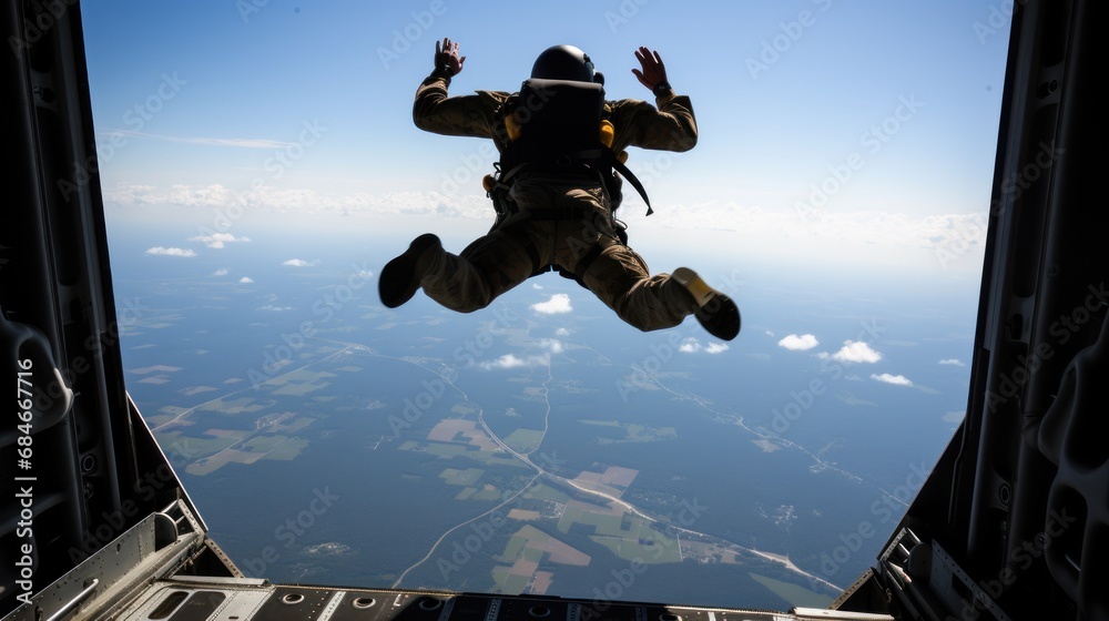 Airborne soldier with parachute on back jumps out of plane at sunrise ...