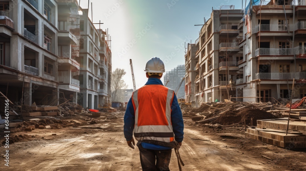 Back view of construction worker wear hard hat and vest walking through ...