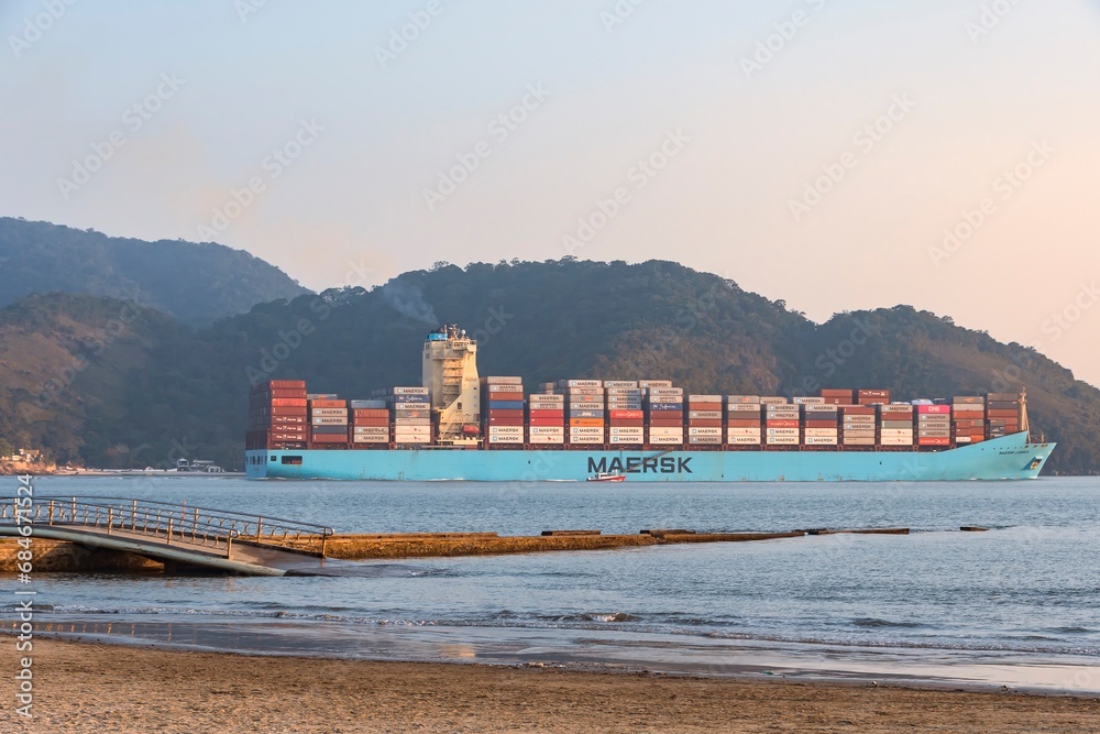 Santos city, Brazil. Container ship Maersk Labrea loaded leaving the ...