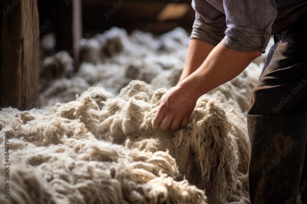 Old man gathers sheared sheep wool from ground on farm yard woven ...