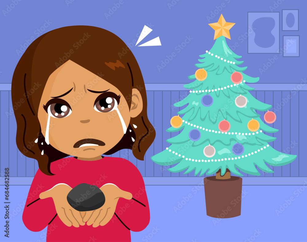 Sad small girl crying on Christmas day vector cartoon. Unhappy child ...