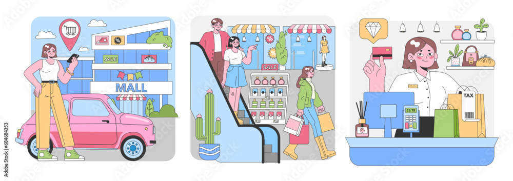 Shopping spree set. Modern mall journey from arrival to checkout ...