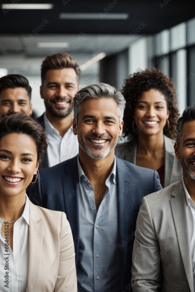 A group of successful smiling businessmen, men and a woman ...