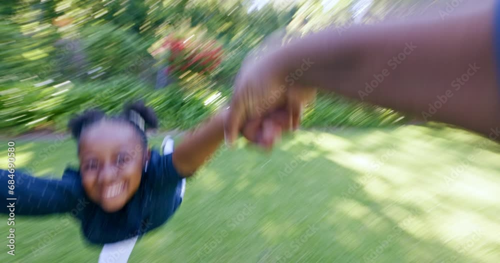 Smile, hands and pov of kid spinning at backyard of home outdoor, play ...