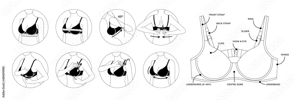 How to put a bra on correctly icons. Modern vector infographic in black ...